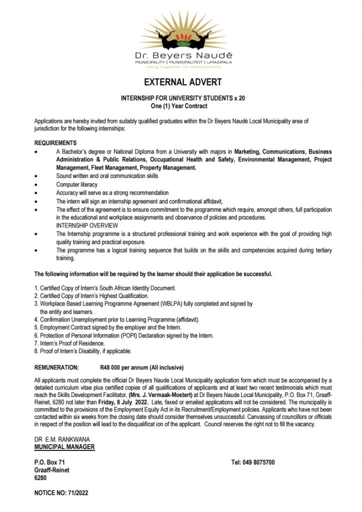 INTERNSHIP ADVERT FINAL – Dr. Beyers Naudé Local Municipality